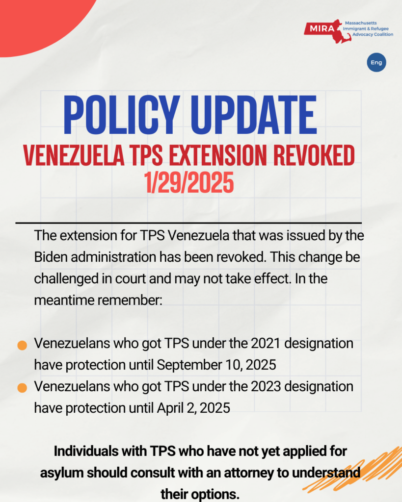 1/29/25 Policy Update - Venezuela TPS Extension Revoked - MIRA Coalition