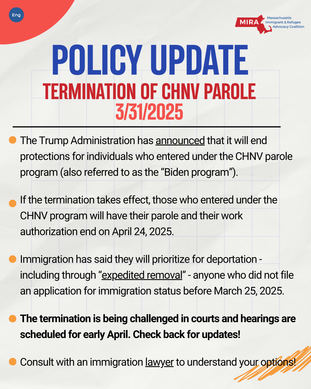 Termination of CHNV Parole Policy Update 3/31/25 - MIRA Coalition