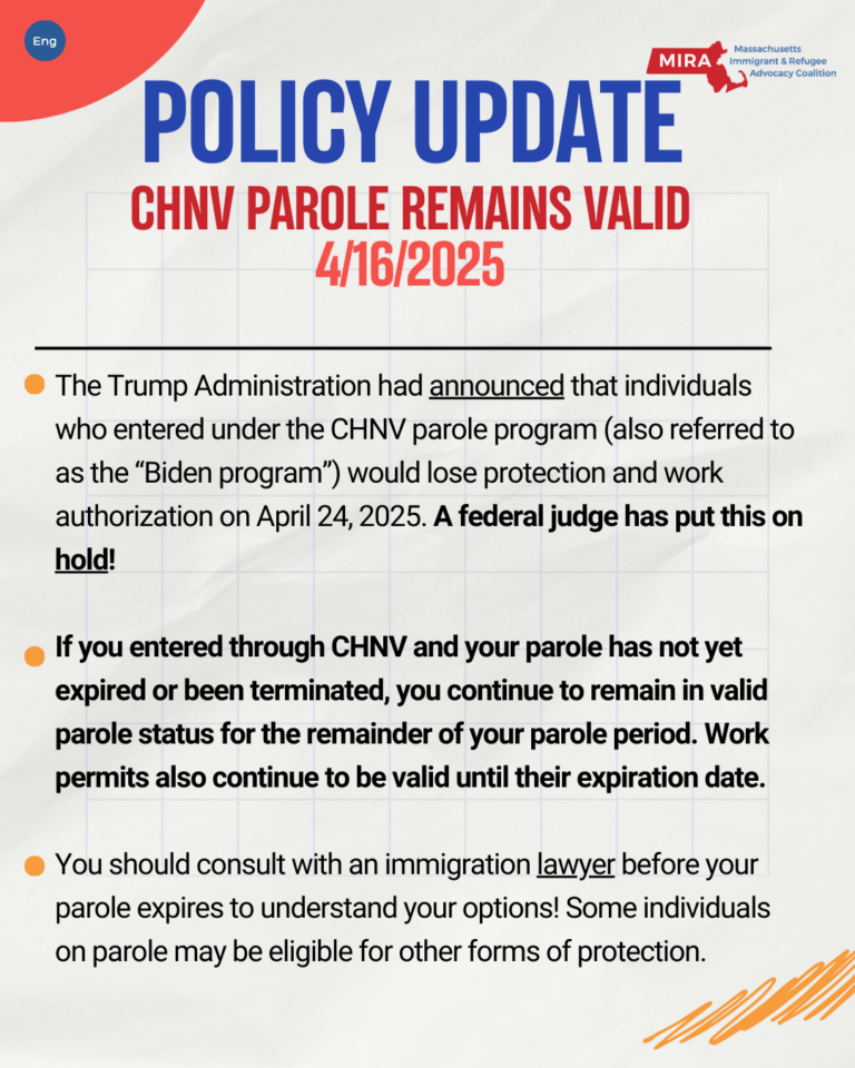 Policy Update - 4/16/2025 CHNV Parole Remains Valid - MIRA Coalition