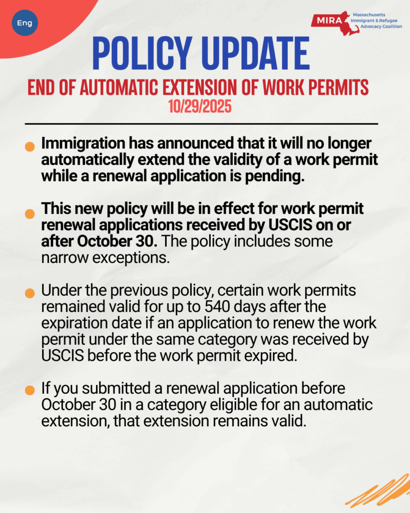 End of Automatic Extensions for Work Permits - 10/29/2025 - MIRA Coalition